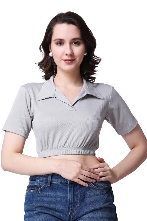 Buy Popwings Women Casual Grey Solid Collar Crop Top Online at Best ...