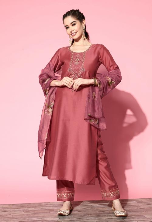 Buy Shewill Rust Embroidered Silk Blend Kurta, Pant And Dupatta Set ...
