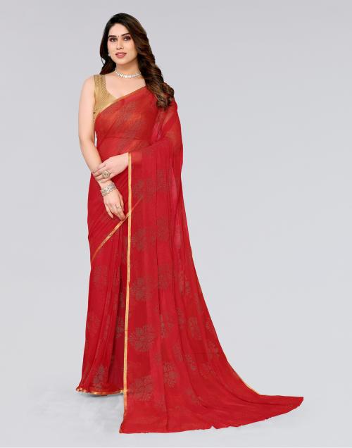 Buy Siril Chiffon Red Color Saree with Blouse piece Online at Best ...
