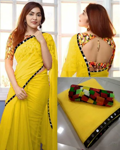 Buy Sareez House Women Yellow Solid Georgette Bollywood Saree (Rs-Kanch ...