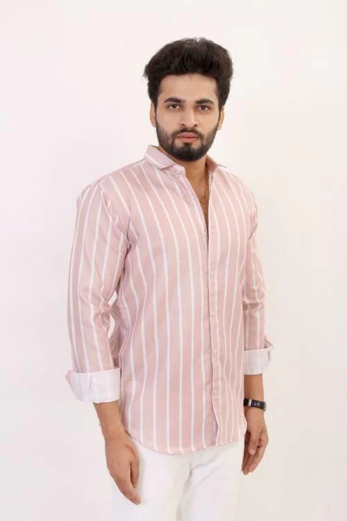 Buy Brown Brothers Men Light Pink Striped Cotton Blend Casual Shirt ...