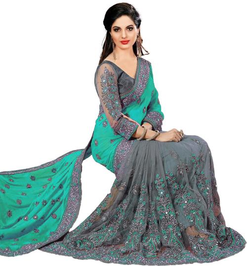 Buy B Bella Creation Women Rama, Grey Net Embellished Bollywood Saree ...