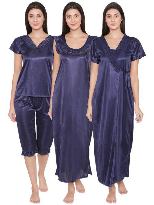 Buy Clovia Women Navy Blue Tie & Dye Satin Pack of 4 Robe, Nightie, Top ...