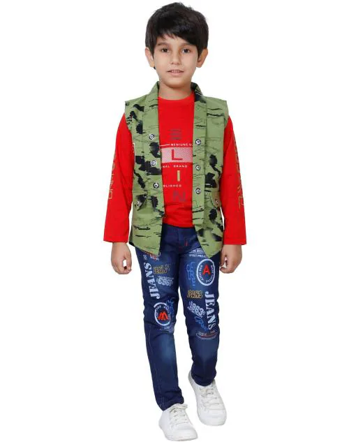 Buy Dkgf Fashion Boys Red Printed Cotton Blend T-shirt, Jeans And ...