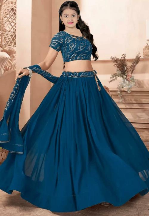 Buy Piludi Girls Teal Embroidered Net Silk Lehenga & Choli Online at ...