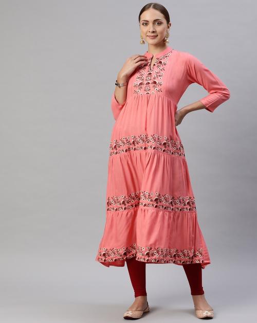Buy Aarika Women's Gajri Color Embroidery Work Flaired Kurti Online at ...