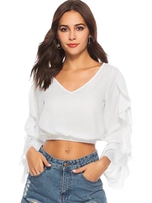 Buy RW RIMSHA WEAR Women's white ruffle sleeves party wear top Online ...