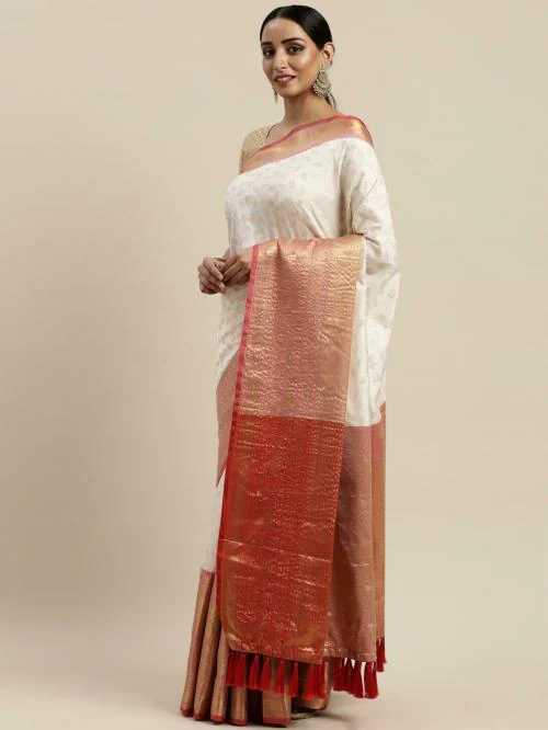 Buy VASTRANAND Women White Cotton Silk Woven Design Saree Online at ...