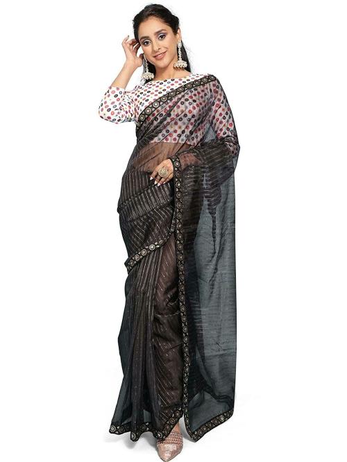 Buy Dungrani Black Solid Organza Women Saree With Blouse Pic Online at ...