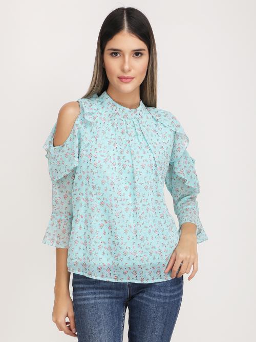 Buy Jakanary Light Blue Cold Shoulder Frill Detail Top Online at Best ...