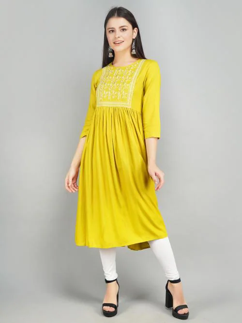 Buy Sgrf Women Yellow Embroidered Viscose Rayon Flared Kurta Online at Best Prices in India ...