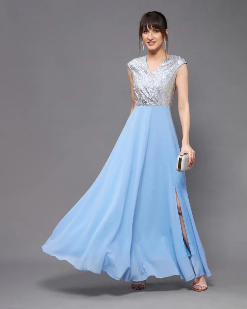 Buy Miss Chase Women Blue Embellished Georgette Single Dress Online at ...