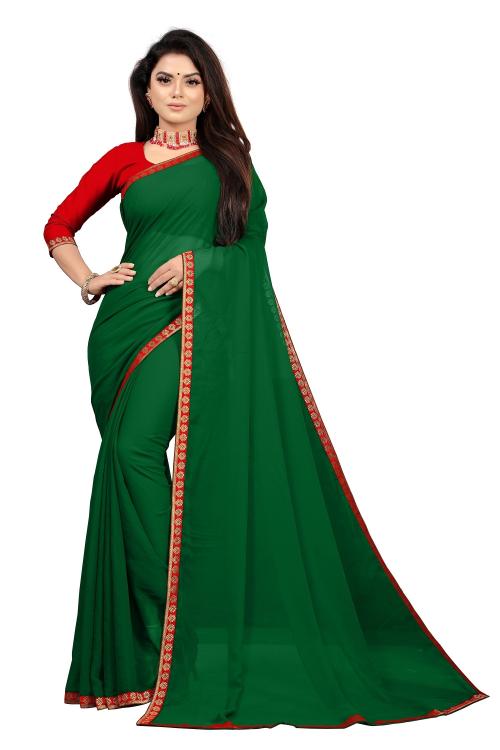 Buy TANSKIN Women's New Georgette Solid Contrast Lace Border Sari_GREEN ...