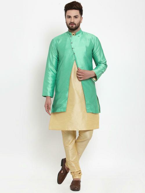 Buy Benstoke Men's Gold Kurta With Pyjama & Light Green Self Design ...