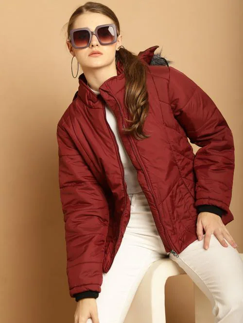 Buy ONNIT Women's Red winter wear full sleeve solid parka Jacket ...