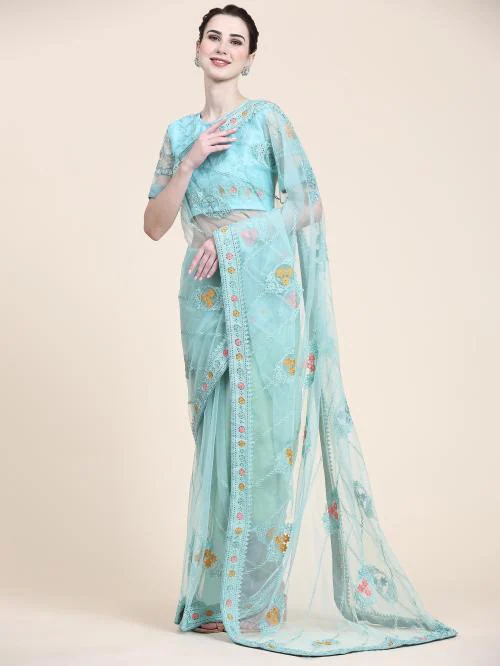 Buy IrisTheStudio Women Light Blue Net Embroidered Bollywood Saree ...