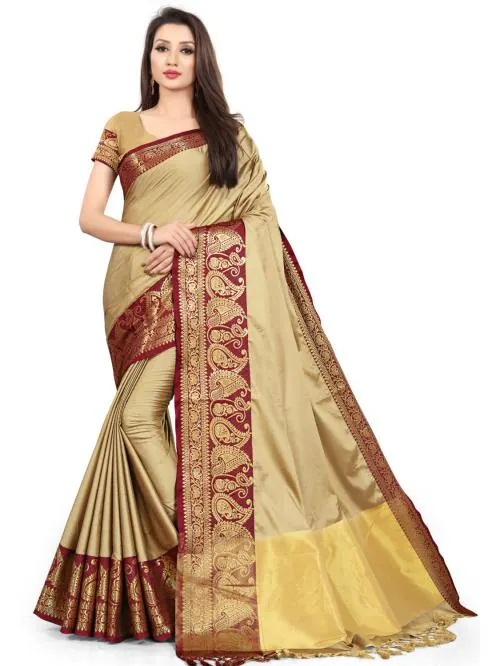 Buy Leeza Store Women's Beige Woven Aura Banarasi Silk Blend Plain Solid Golden Zari Border ...