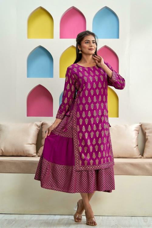 Buy Sa Rasa Women Purple Floral Print Viscose Rayon Anarkali Kurta ...