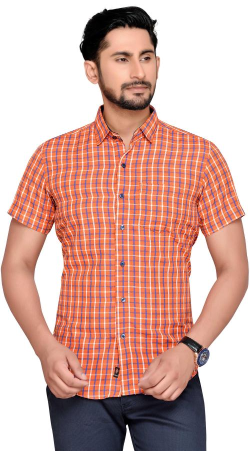Buy PP SHIRTS Men Orange Checkered Cotton Blend Spread Casual Shirt (M ...