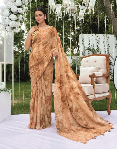 Buy Satrani Georgette Brown & Orange Color Saree with Blouse piece ...