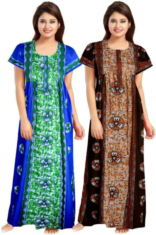 Buy Mudrika Women Green and Brown Printed Cotton Pack of 2 Nighty ...