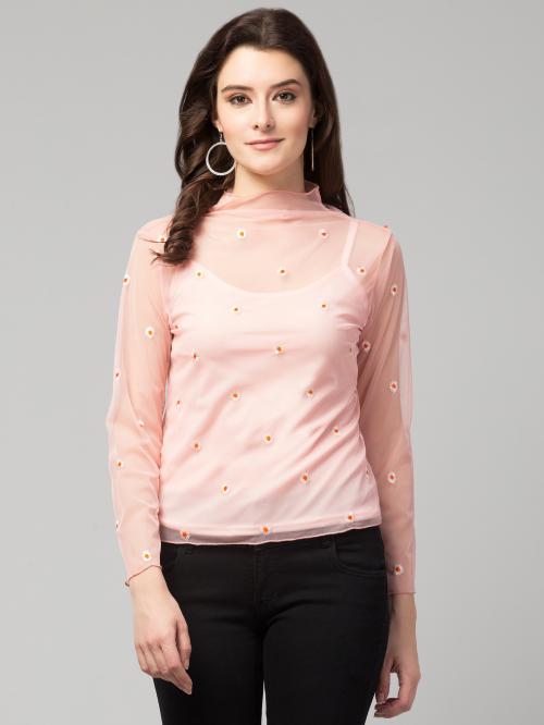 Buy StylzIndia - Embroidered High Neck Mesh Top - Pink - S Online at ...