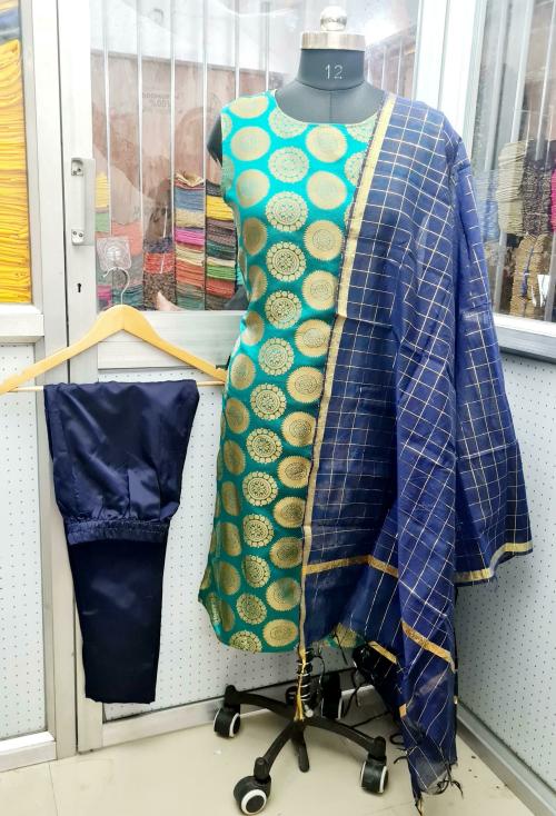 Buy Eilara Women's Silk Blend Olive Straight Kutra, Pant with Dupatta ...