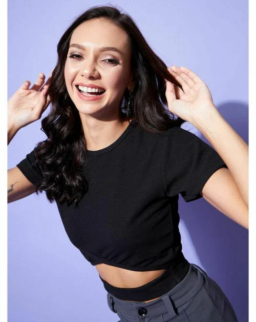 Buy StyleStone Women's Short Sleeve Belly Cut Out Crop Top- Black ...