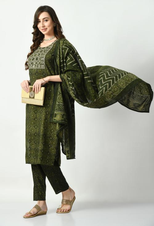 Buy S MAJIDA Green Bandhej Printed Kurta Set for Women with Dupatta ...