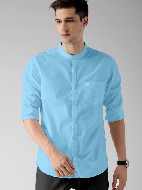 Buy IKG DENIM Men Regular Fit Solid Mandarin Collar Casual Shirt Light Blue L Online at Best ...