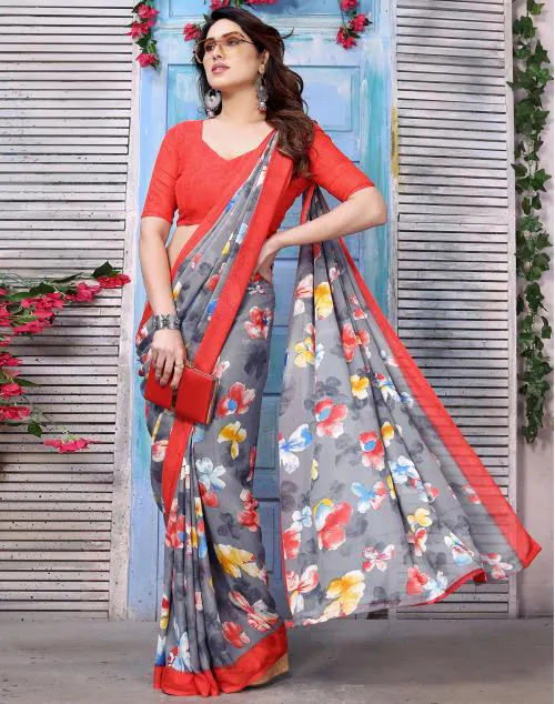Buy Siril Georgette Multicolor & Grey Color Saree with Blouse piece ...