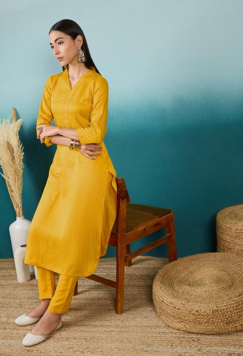 Buy SheWill Yellow Ruby Cotton Blend Thread Embroidered Kurta Pant Set Online at Best Prices in ...