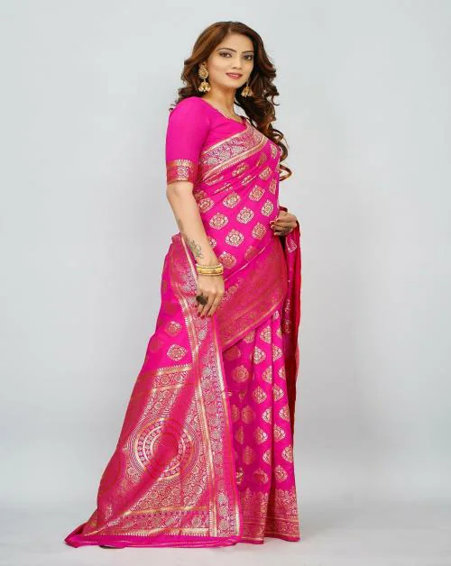 Buy AFORMI Woven, Printed Banarasi Pure Silk Saree Rani Colour Online ...