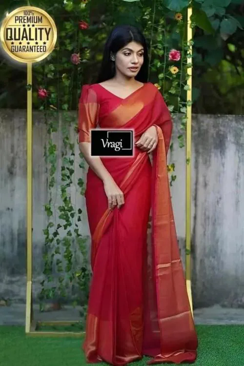 Buy Vragi's Traditional Plain Chiffon Saree With Golden Zari Border Online at Best Prices in ...