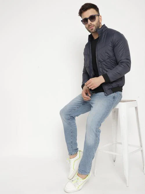 Buy Better Think Men Blue Self Design Nylon Quilted Jacket (L) Online ...