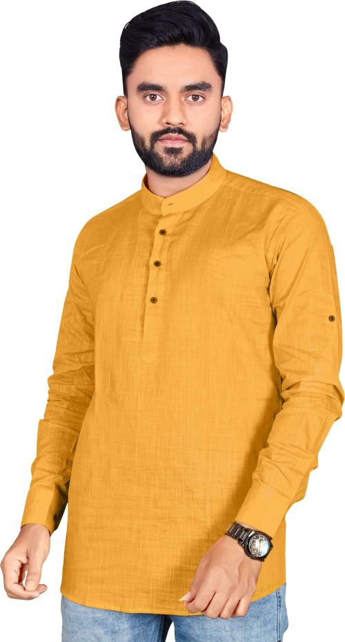Buy Allan Peter Men Yellow Solid Pure Cotton Single Short Kurta Online ...