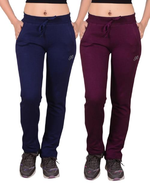 Buy Sweekash Solid Cotton Navy Blue and Wine Track Pant Combo for Women ...
