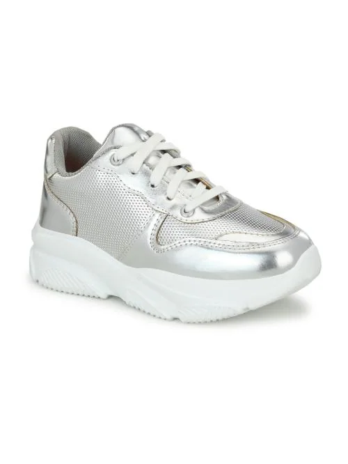 Buy BUCIK Women's Silver Synthetic Lether Lace-Up Casual Shoes Online ...