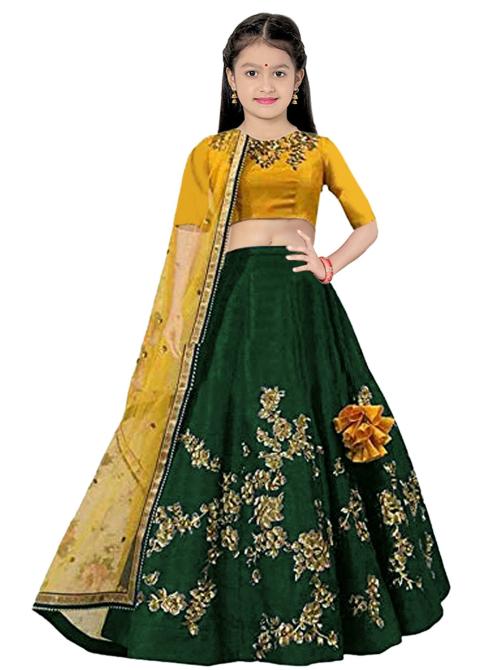 Buy Piludi Girls Green Embroidered Art Silk Lehenga & Choli | Girls ...