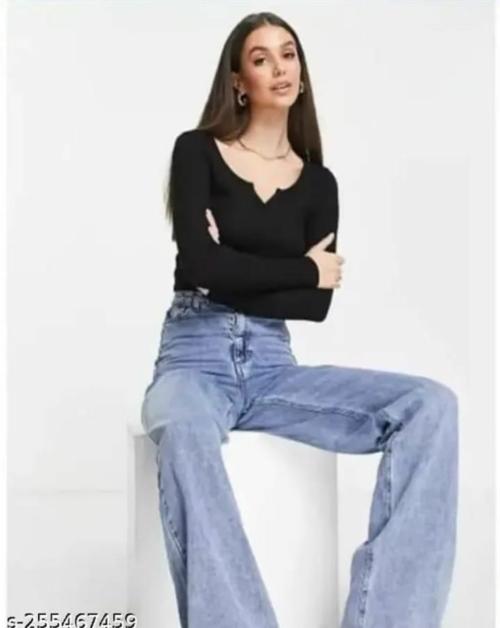 Buy Freeflies Neck V Notch Crop Length Extended Sleeves Ribbed Tops for ...