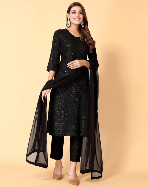 Buy Skylee Women Black Sequence Embroidery Rayon Kurta Salwar Set ...