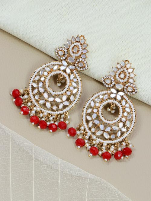 CRUNCHY FASHION Gold-Plated Kundan Mirror & Red Pearl Dangler Earring ...