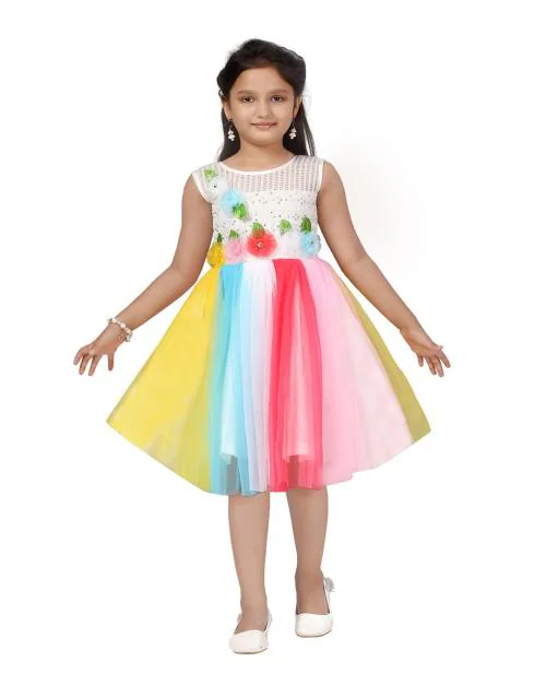 Buy Muhuratam Girls Party Wear Multi Colour Embellished Self Design Net ...