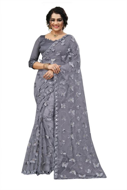 Buy N V Patel Women Grey Embroidered Net Bollywood Saree Online at Best ...