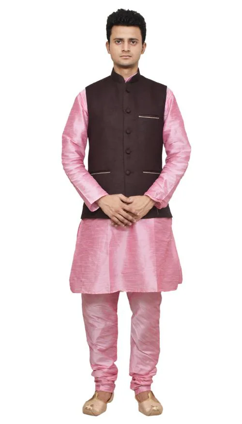 Buy HFP Men's Pink Matching Silk Kurta Churidhar With Pink Voilet Joot ...