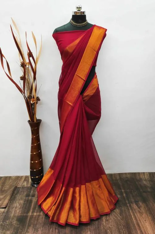 Buy Saree Exotica Chiffon Broad Zari Patta Red Color Saree For women ...