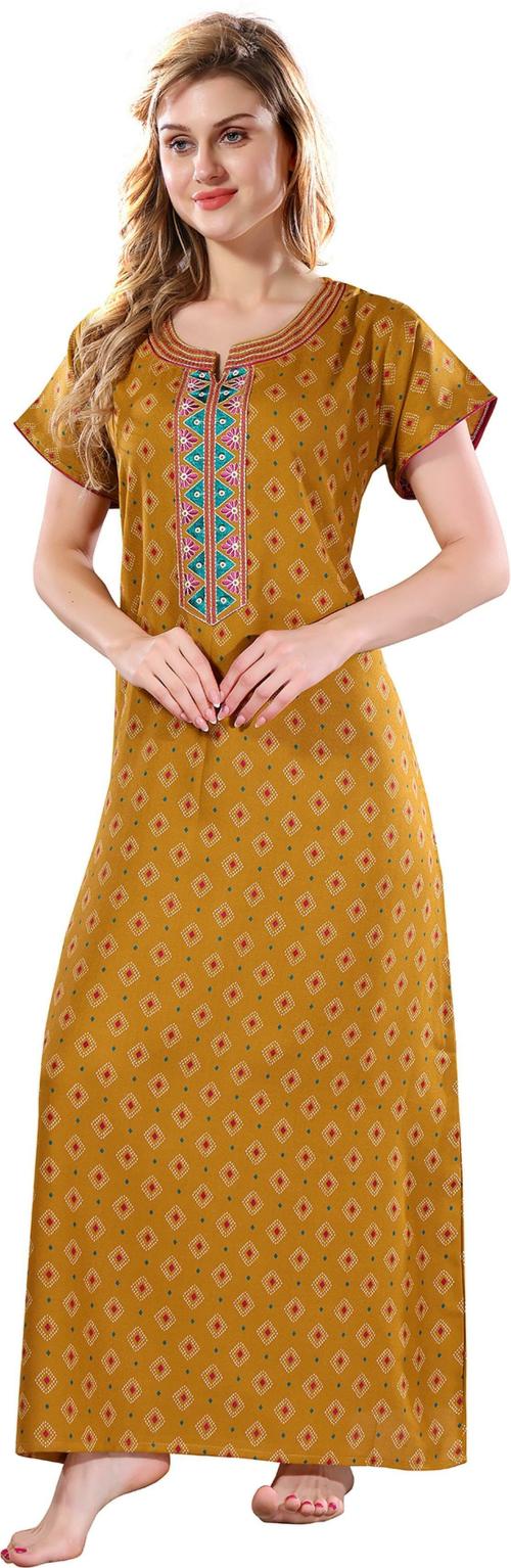 Buy Be You Women Mustard Embroidered, Printed Cotton Blend Nighty ...
