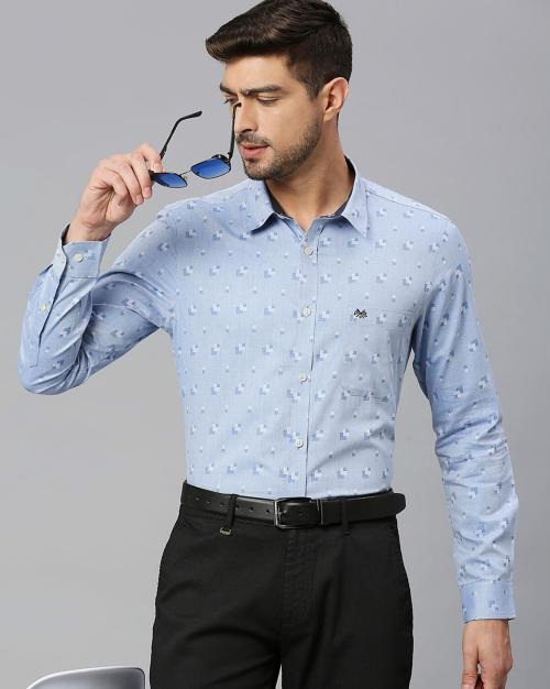 Buy Thomas Scott Men Aqua Cotton Slim Fit Shirt With Spread Collar (S ...
