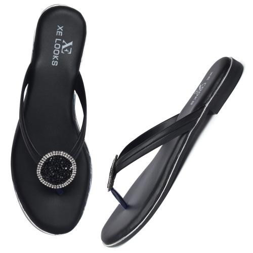 Buy XE Looks Black Embellished Stones Comfort Slippers for Women Online ...