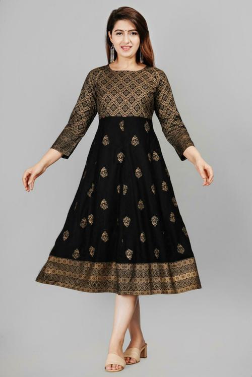 Buy Sa Rasa Women Black and Gold Printed Viscose Rayon Anarkali Kurta ...
